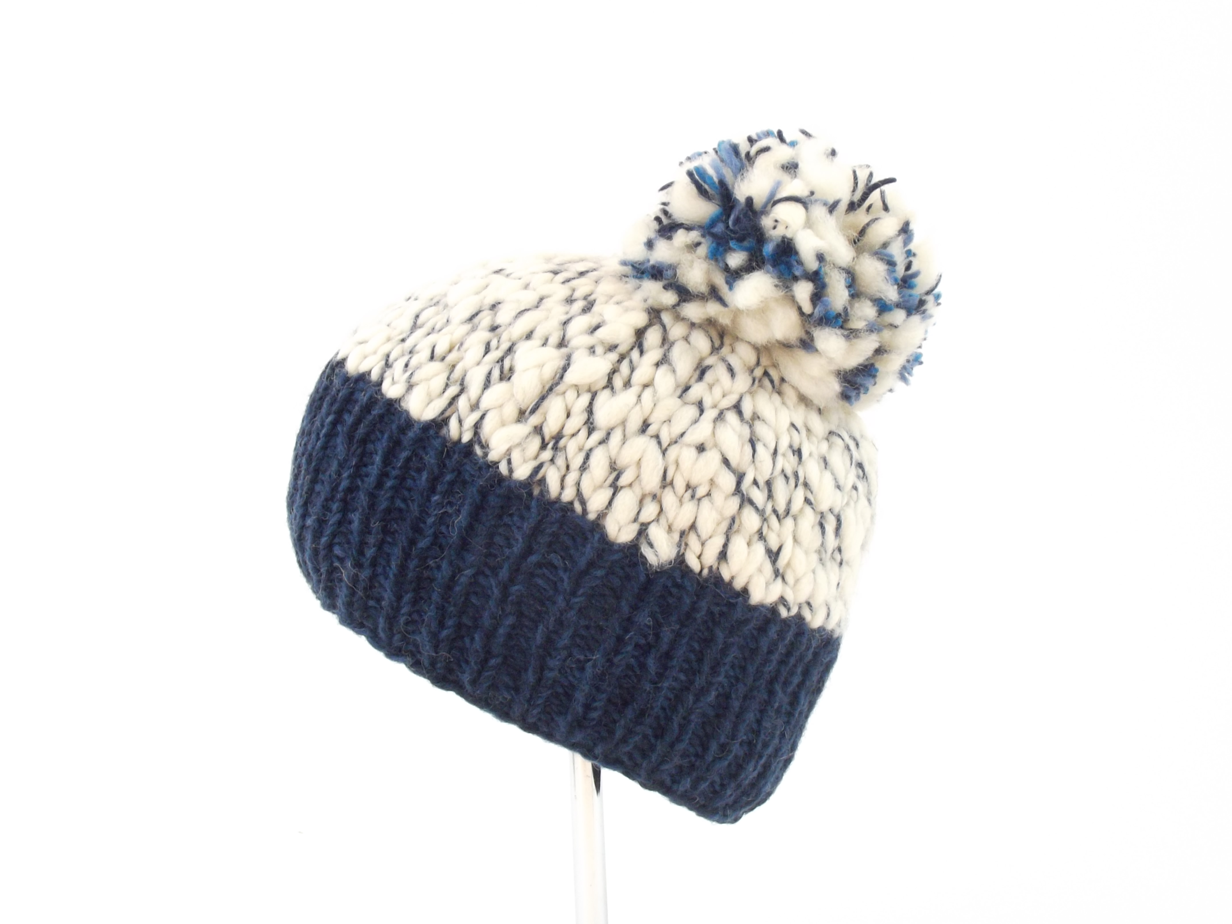 Uneven Wool Bobble Hat Blue - Aran Accessories
